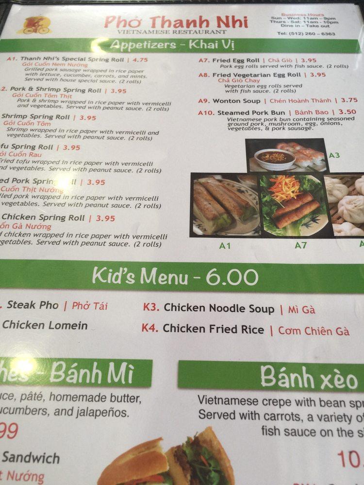 Menu at Pho Thanh Nhi (Vietnamese Food) restaurant, Cedar Park, E ...