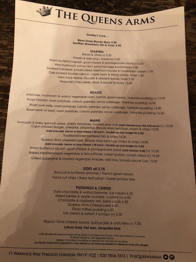 Menu at The Queens Arms pub & bar, London, 11 Warwick Way