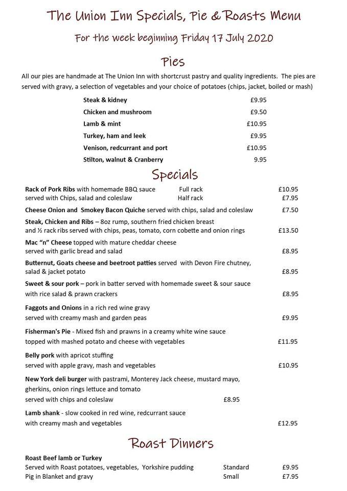 Menu at The Union Inn pub & bar, Moretonhampstead