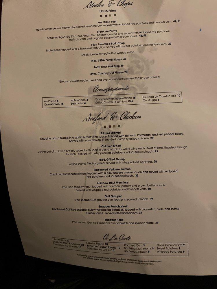Menu at 2Johns Steak & Seafood pub & bar, Bossier City