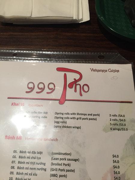 Menu at 999 Phở restaurant, Reno, Kietzke Ln