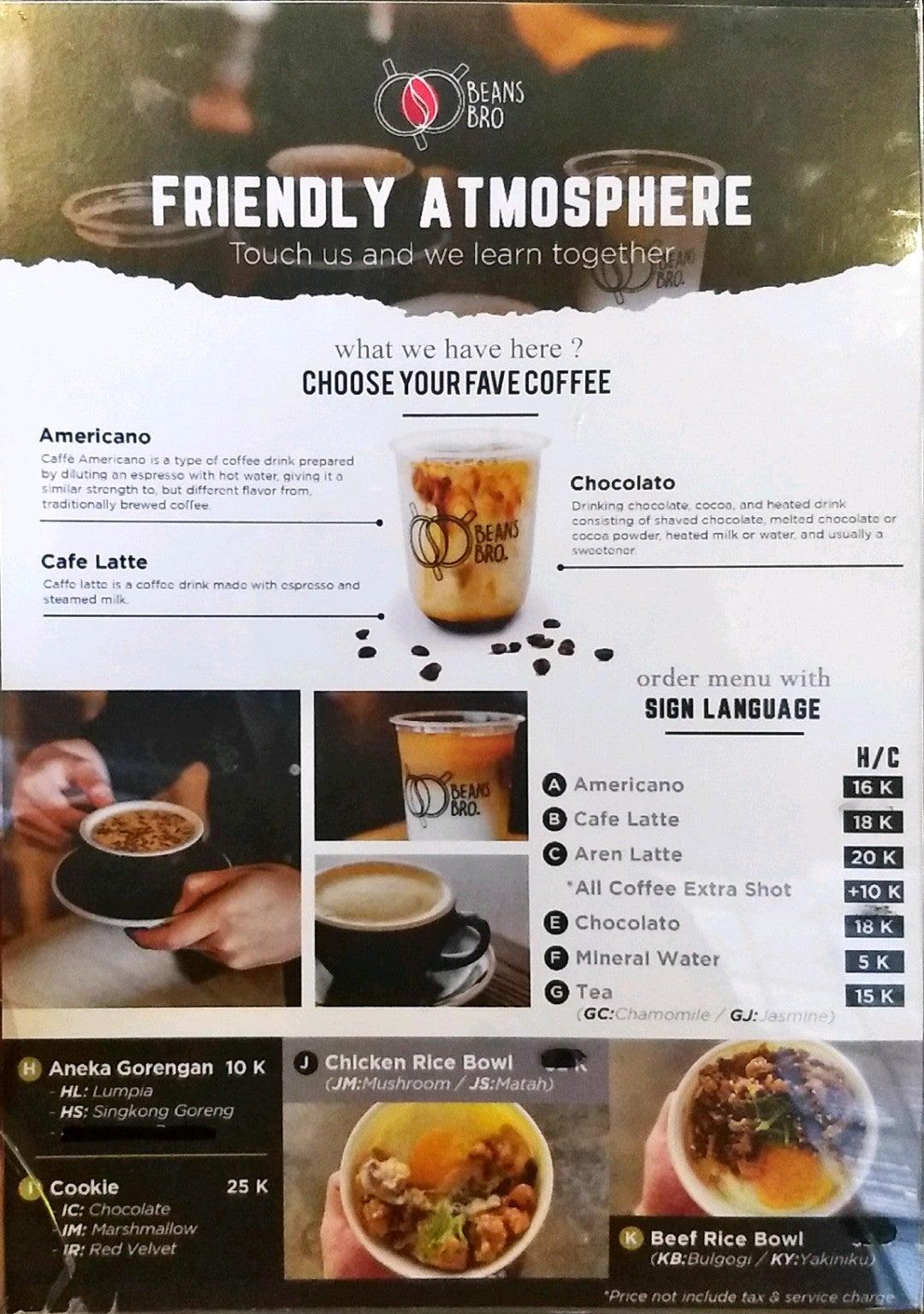 Menu at BeansBro cafe, North Jakarta