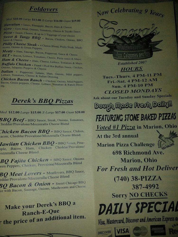 Menu at Genova’s pizza pizzeria, Marion