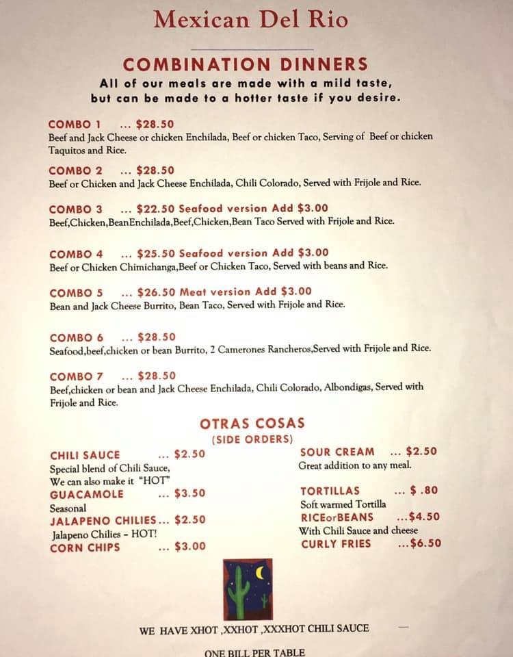 Menu at Mexican Del Rio restaurant, Ballina