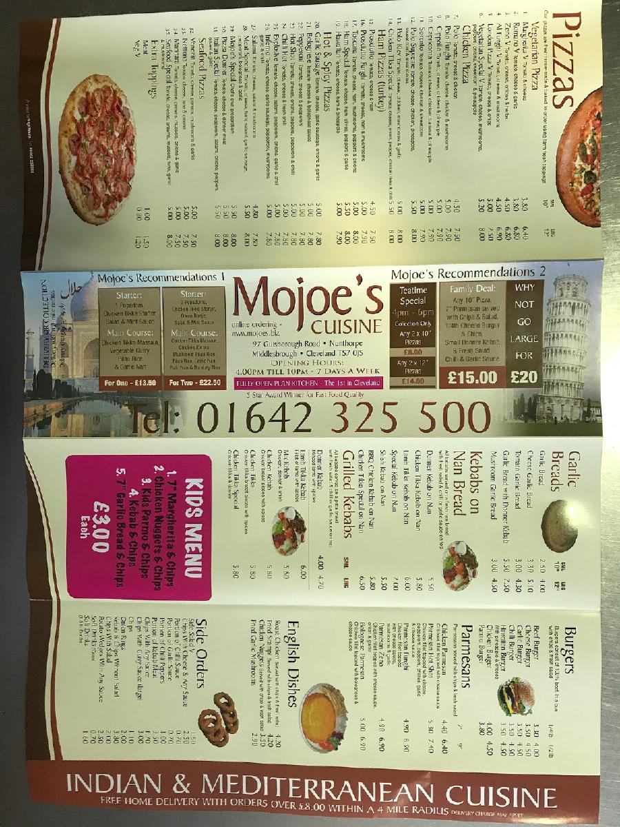 Menu at Mojoe's Cuisine fast food, Middlesbrough