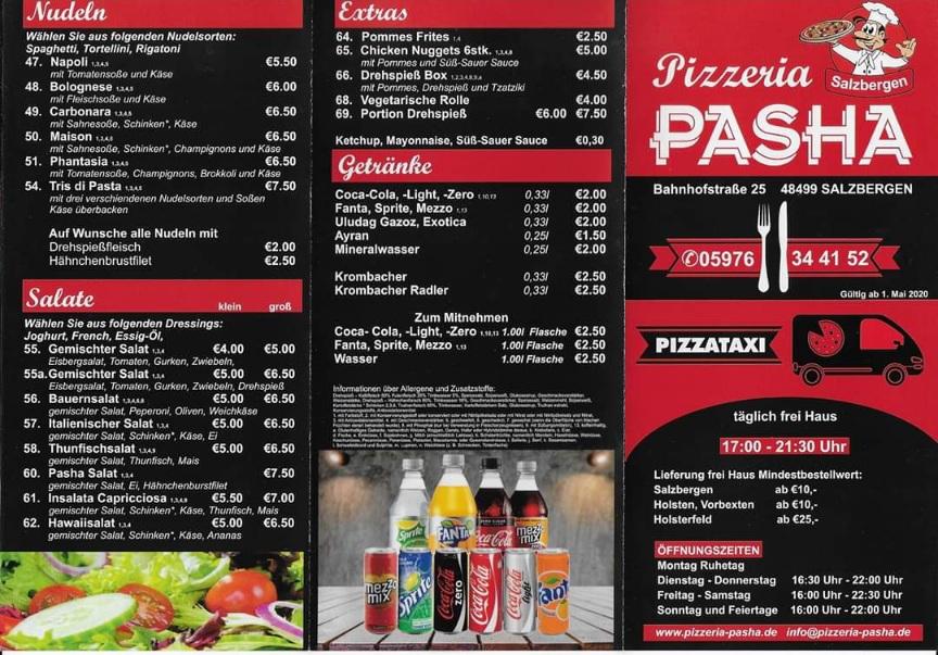 Speisekarte von Pizzeria Pasha, Salzbergen