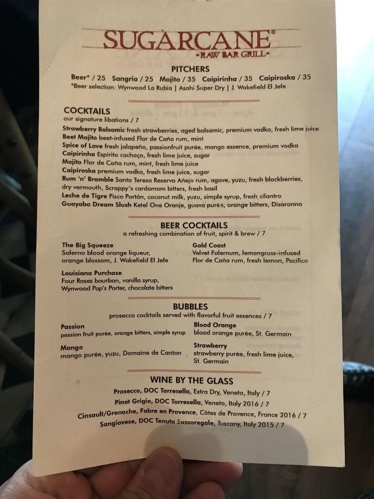 Menu at Sugarcane restaurant, Miami