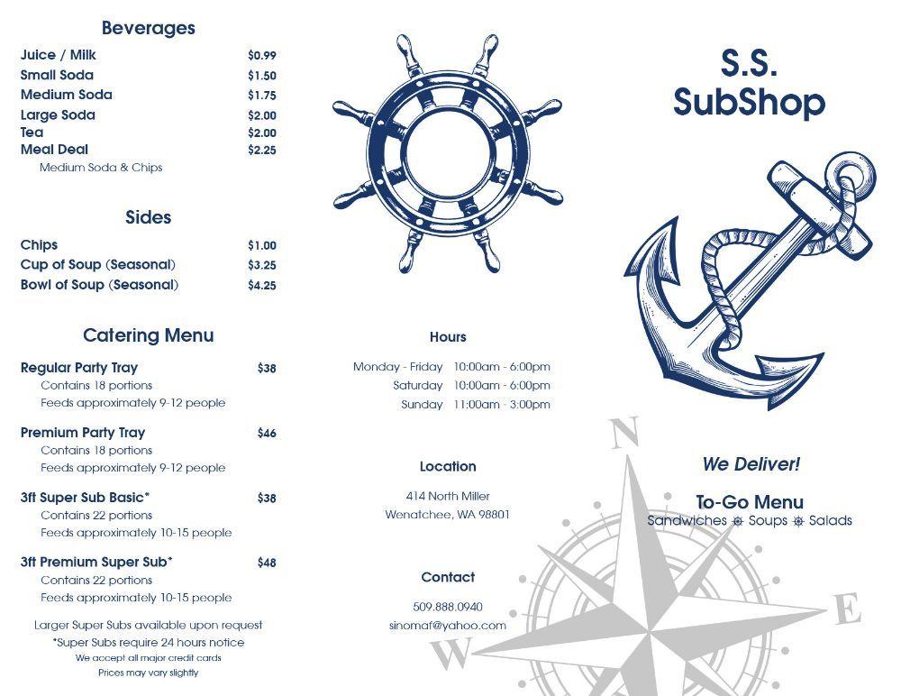 Menu at SS Sub Shop restaurant, Wenatchee, 414 N Miller St