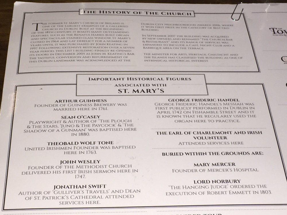 Menu at The Church Café Bar, Dublin, Jervis St