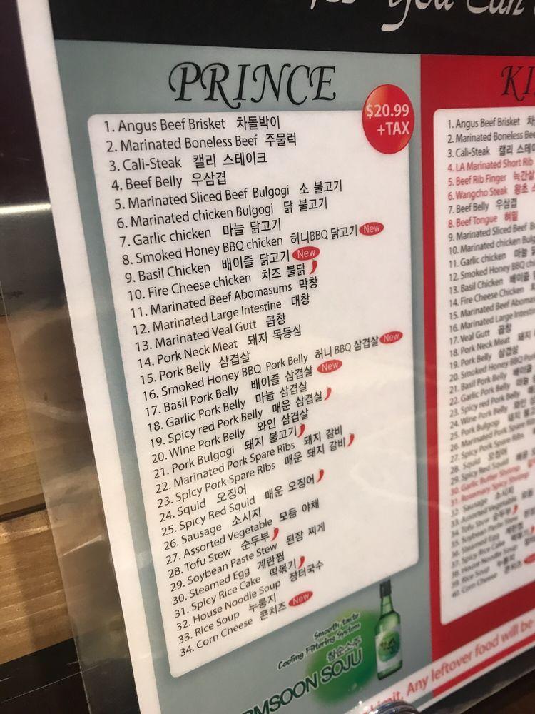 Menu at Wang Cho Korean BBQ, Riverside