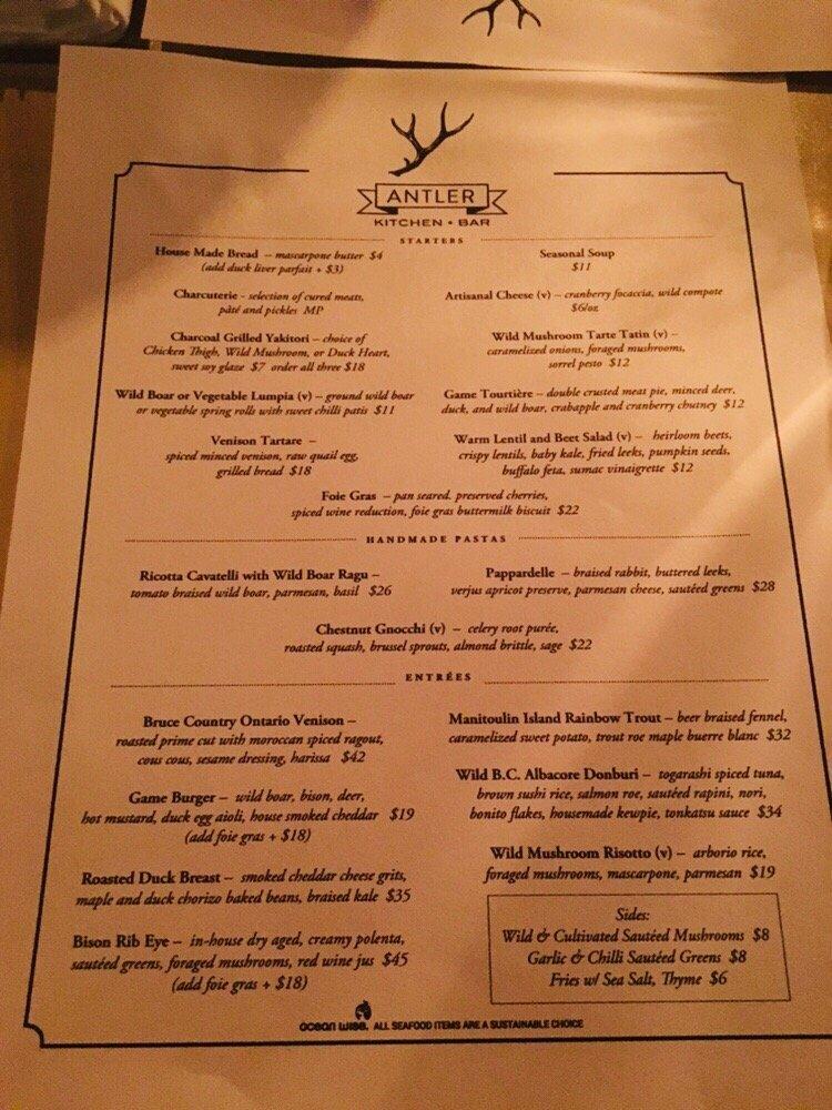 Menu at Antler Kitchen & Bar, Toronto