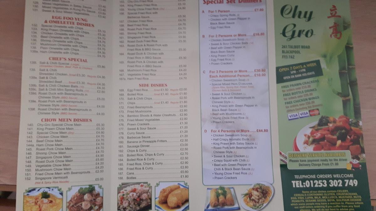 Menu at Chy Gro Chinese restaurant, Blackpool