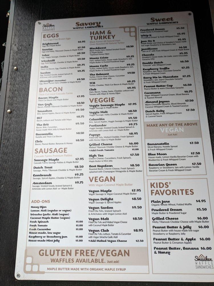 Menu at Smaaken Waffle Sandwiches pub & bar, Beaverton, SW Rose Biggi Ave