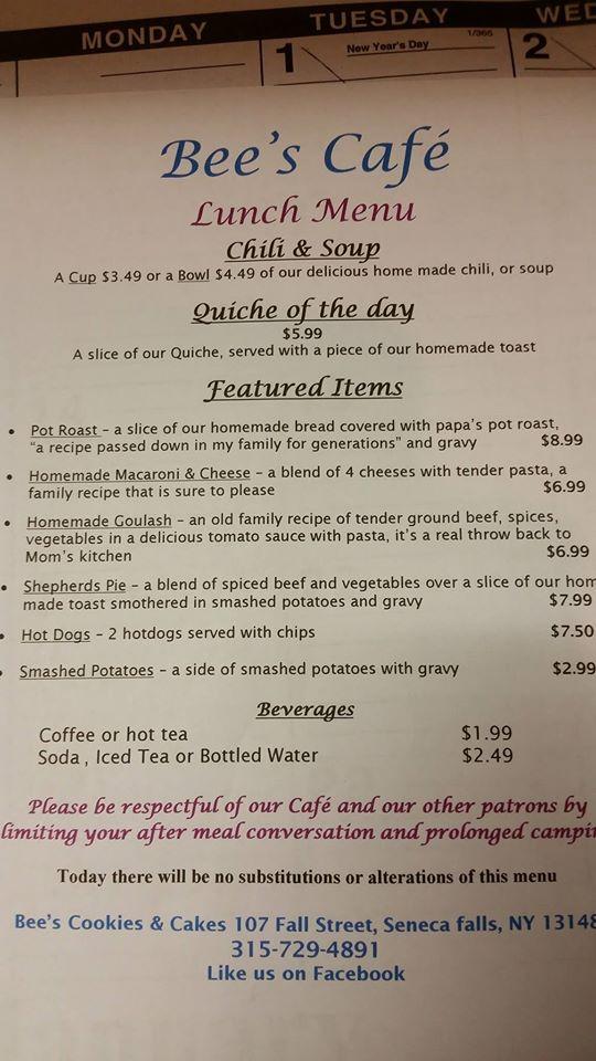 Menu at Bee's Cafe, Seneca Falls
