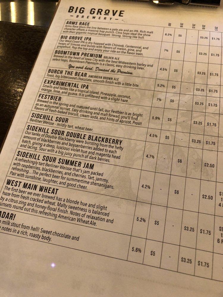 Menu at Big Grove Brewery & Taproom restaurant, Iowa City