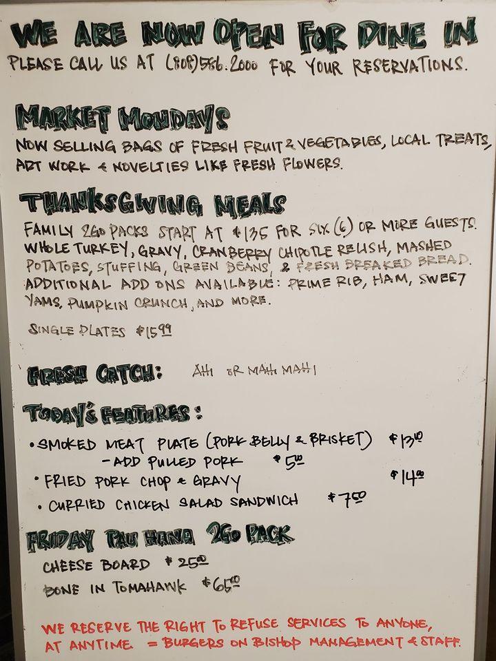 Menu at Burgers On Bishop restaurant, Honolulu, 745 Fort St