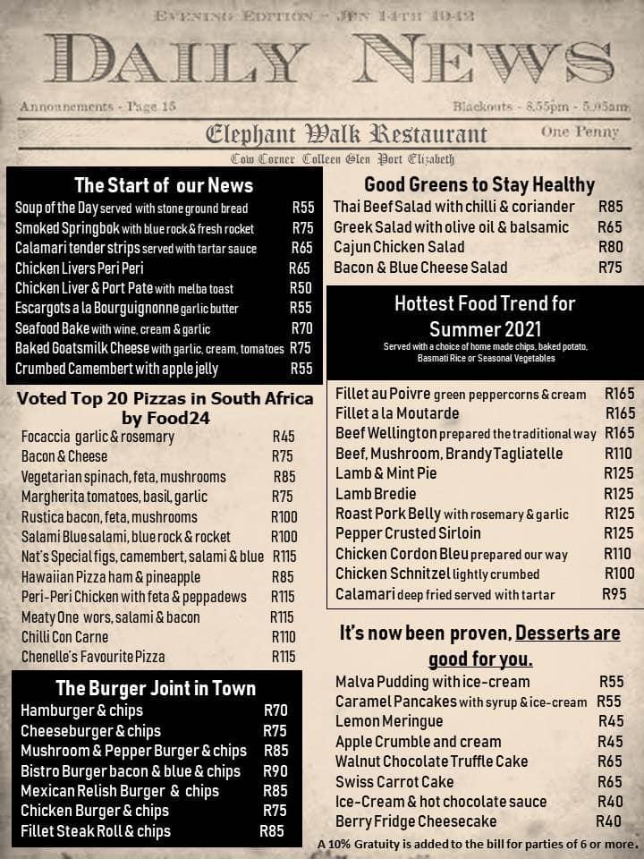 Menu at Elephant Walk Restaurant & Chalets, Port Elizabeth