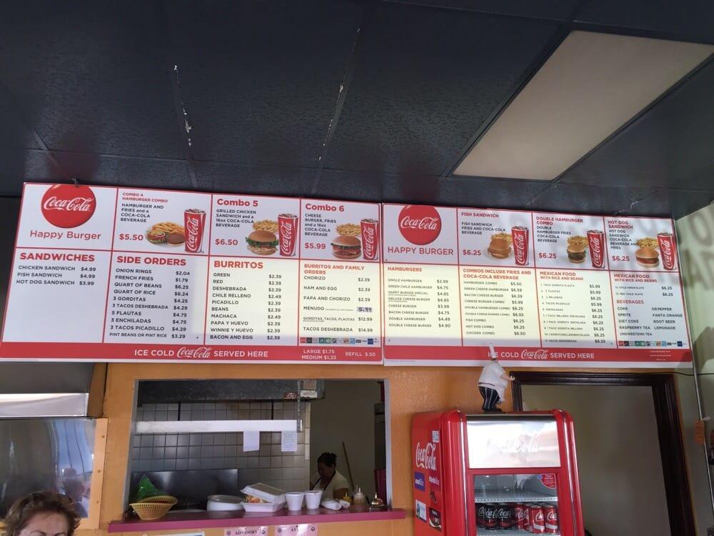 Menu at Happy Burger restaurant, El Paso
