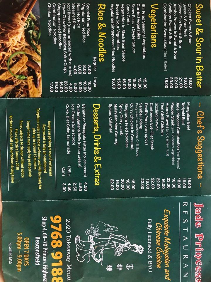 Menu at Jade Princess restaurant, Beaconsfield