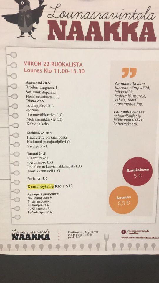 Menu at Lounasravintola Naakka restaurant, Turku