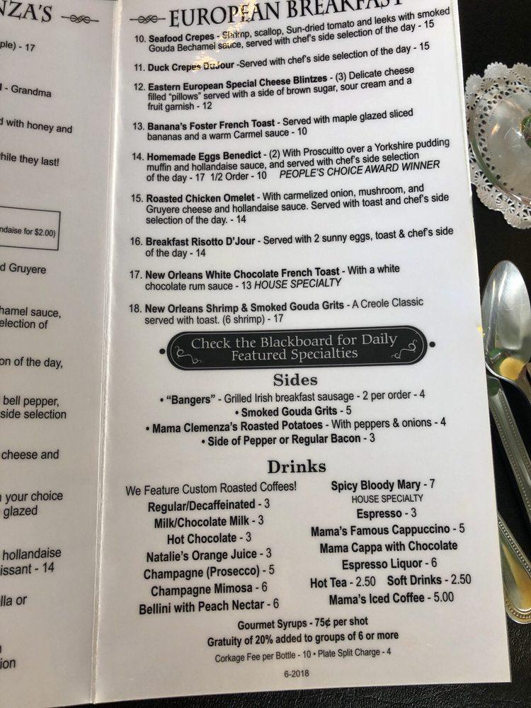 Menu at Mama Clemenza’s European Breakfast restaurant, Miramar Beach, US-98