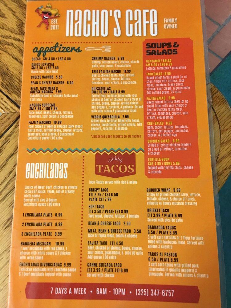 Menu at Nacho's Cafe, Mason, 804 Fort McKavitt St