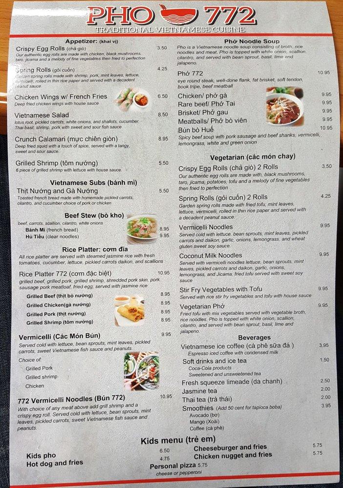 Menu at Phở 772 restaurant, Jensen Beach