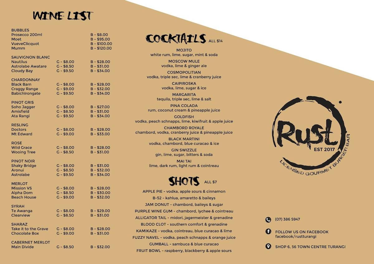 Menu at Rust Licensed Gourmet Burger Bar, Turangi
