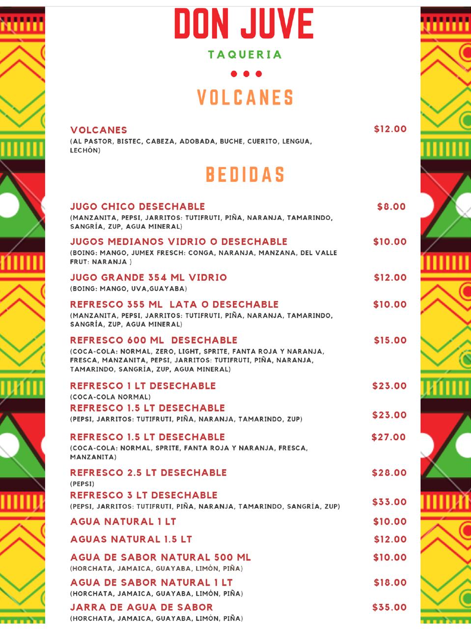Menu at Taqueria Don Juve restaurant, Rincón de Romos