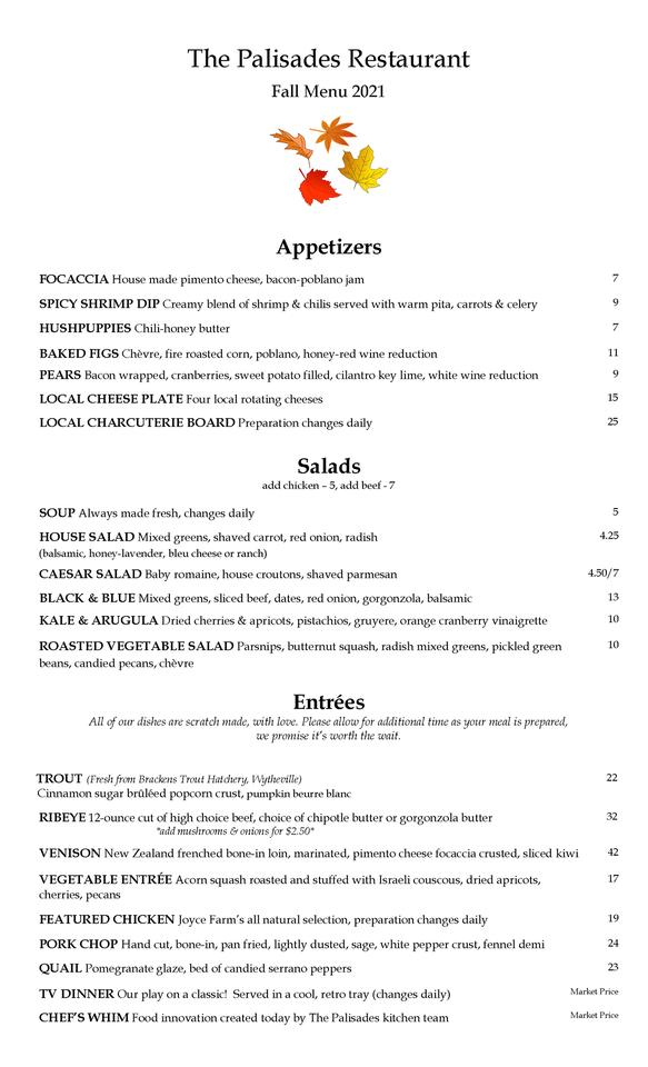 Menu at The Palisades Restaurant, Eggleston