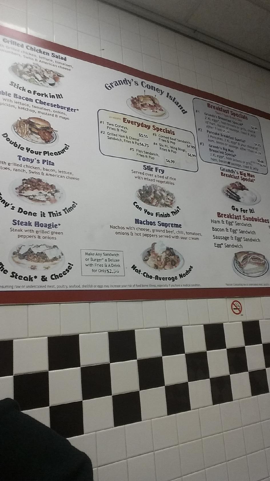 Menu at Grandy's Coney Island fast food, Detroit, Holbrook Ave