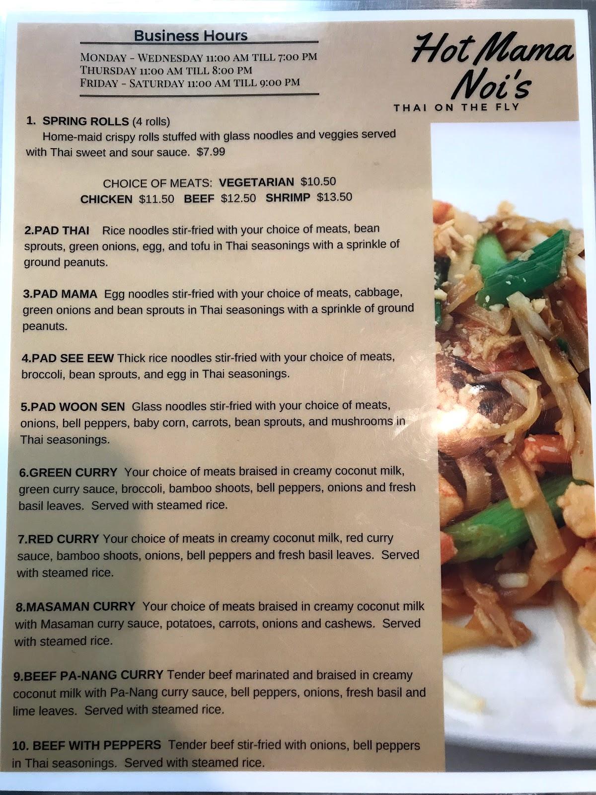 Menu at Hot Mama Noi's Thai On The Fly restaurant, Pickering