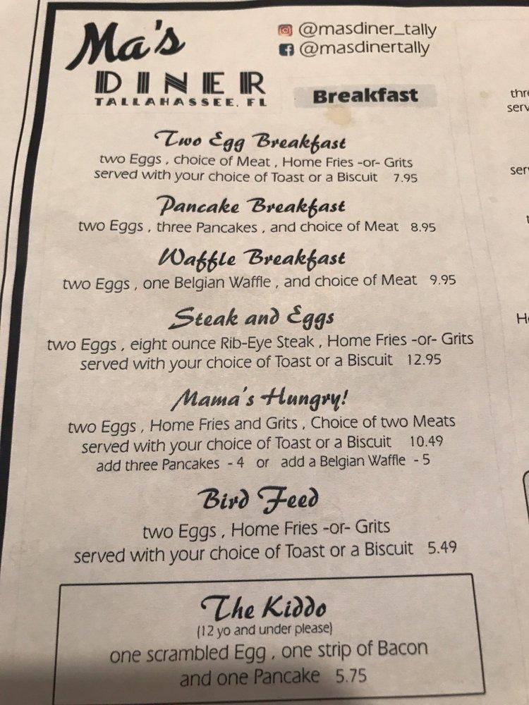 Menu at Ma's Diner restaurant, Tallahassee