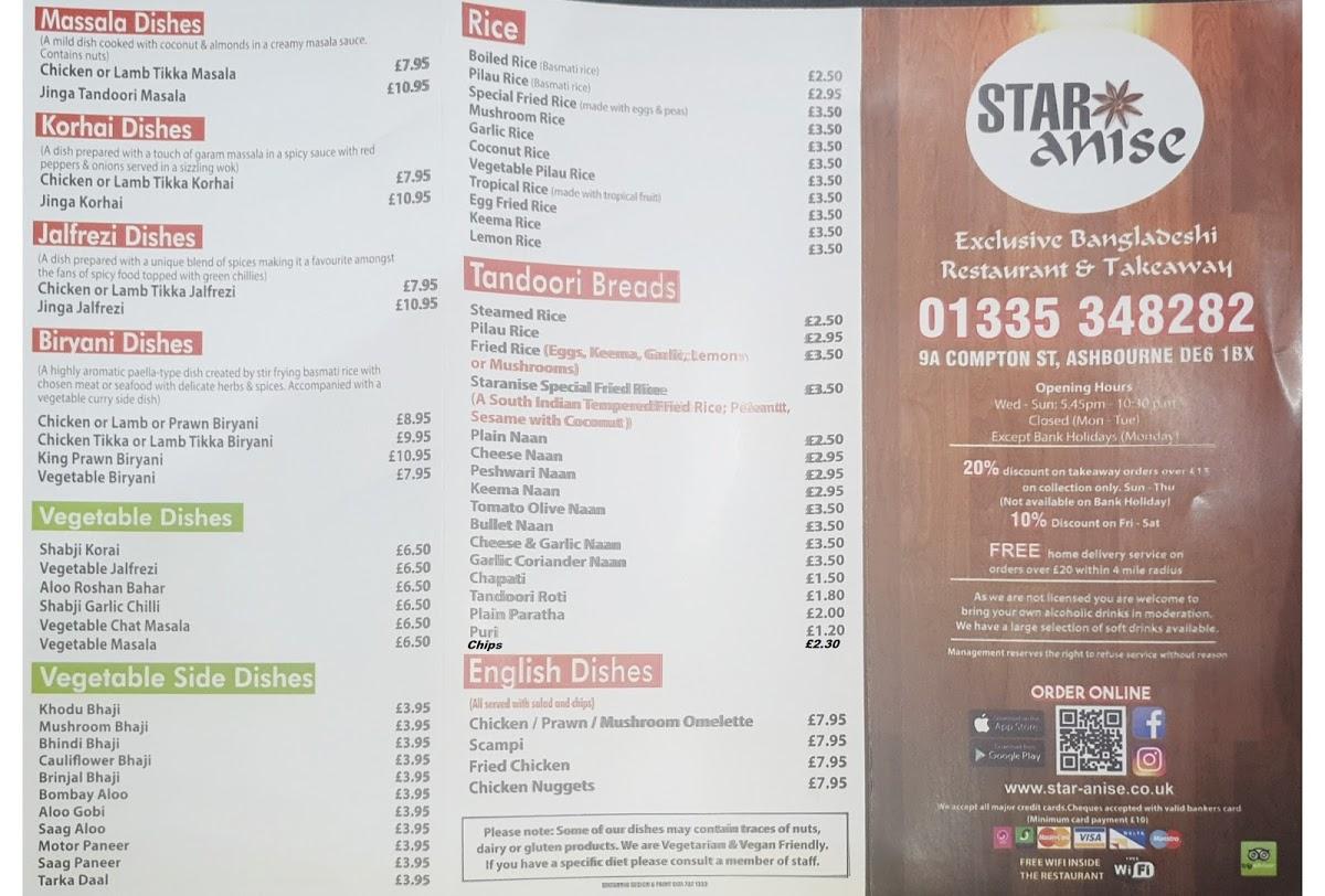 Menu at STAR ANISE restaurant, Ashbourne