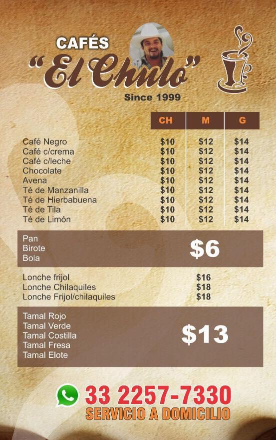 Menu at Cafés “El Chulo”, Guadalajara