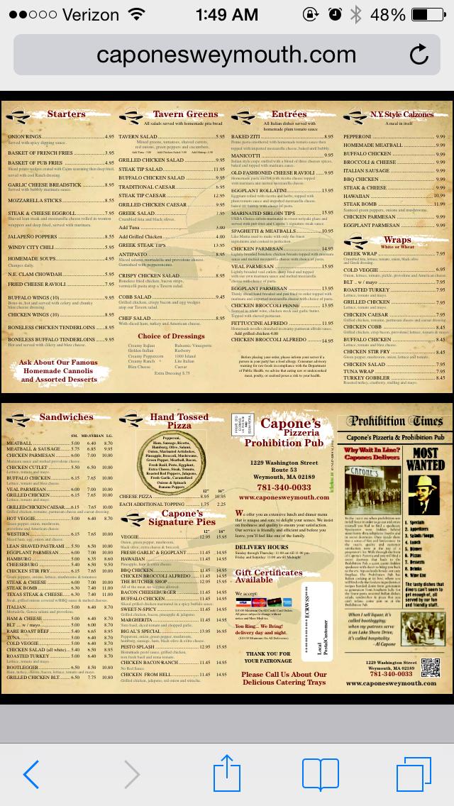 Menu at Capones Pizzeria and Bar, Weymouth