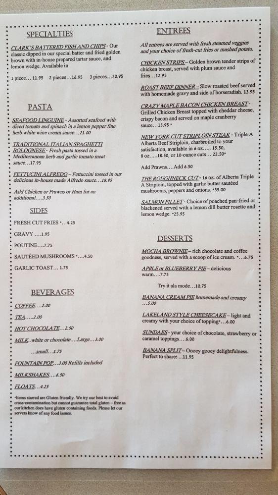 Menu at Clark's General Store & Eatery restaurant, Cold Lake