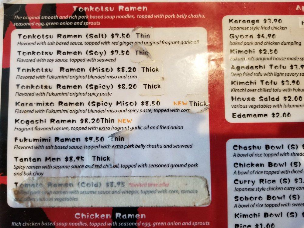 Menu at Ramen Fukumimi restaurant, Las Vegas