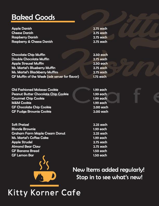 Menu at Kitty Korner Cafe, Barre