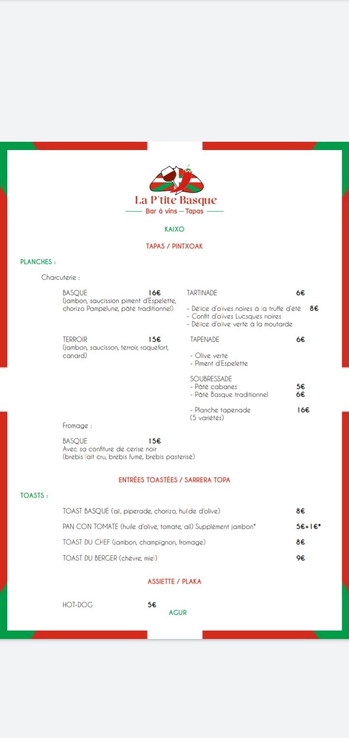 Carta del pub y bar La p'tite basque, Roubia
