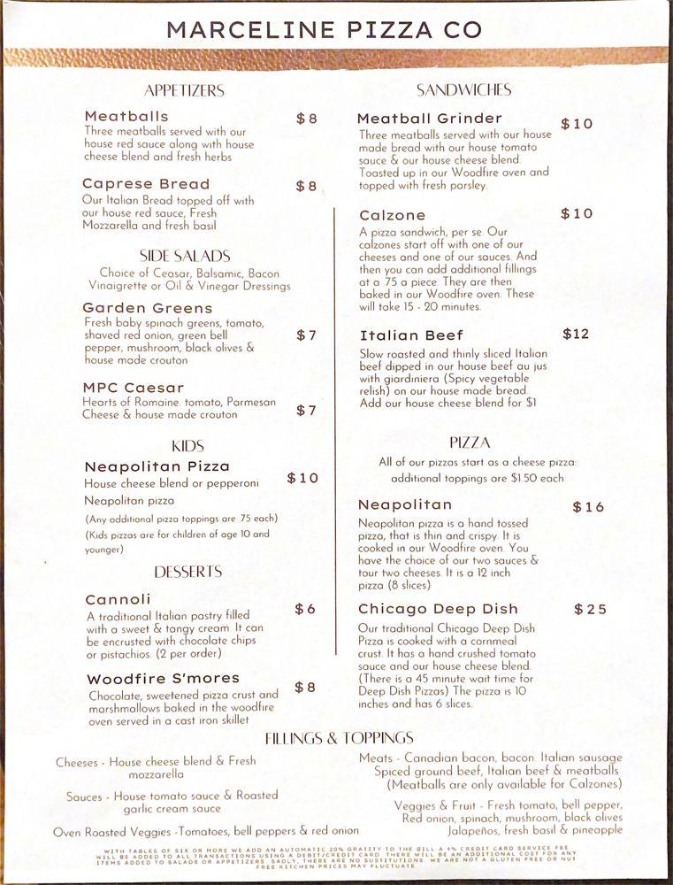 Menu at Marceline Pizza Company pizzeria, Marceline