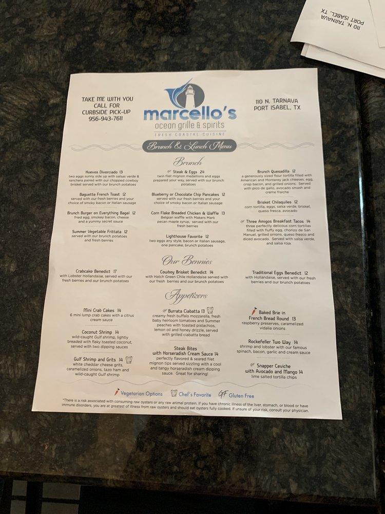 Menu at Marcello's Ocean Grille & Spirits pub & bar, Port Isabel