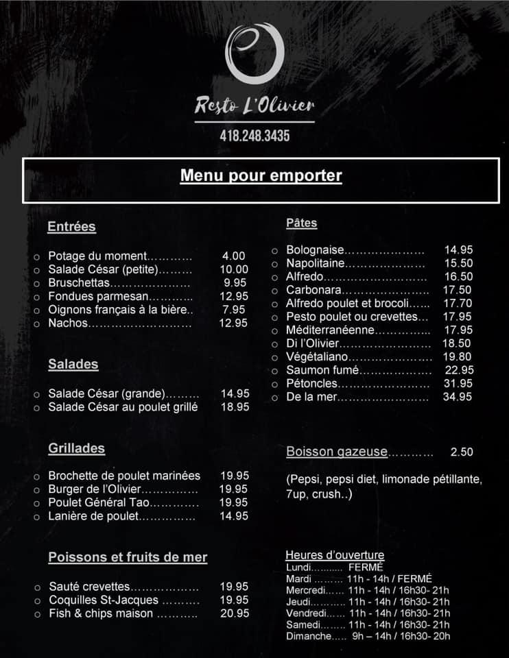 Menu au Resto L'Olivier restaurant, Montmagny