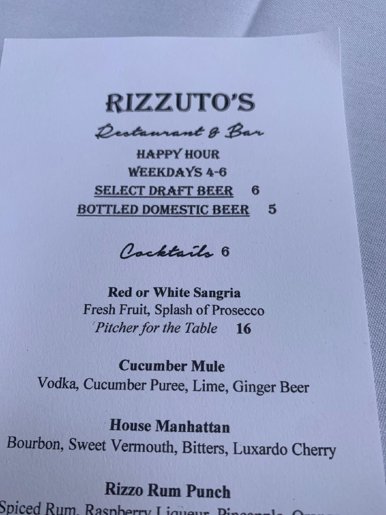 Menu at Rizzuto's pub & bar, West Hartford