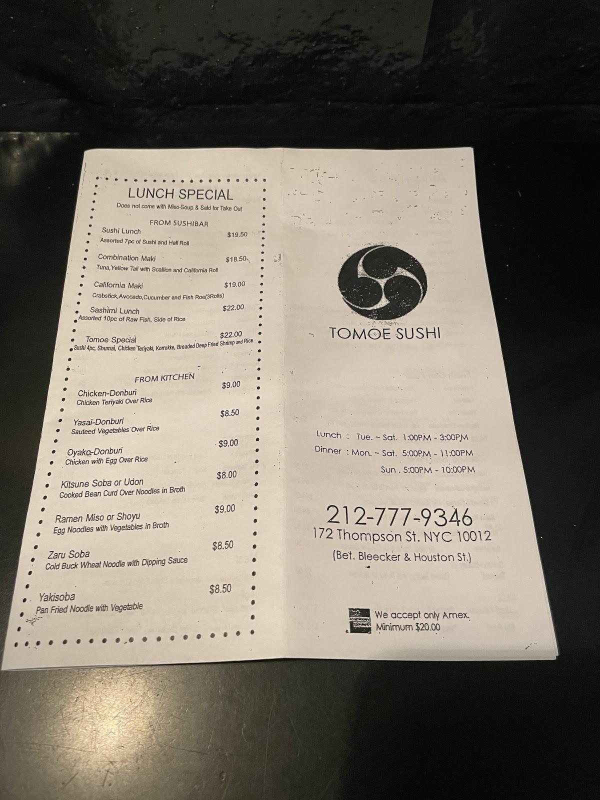 Menu at Tomo21 Sushi restaurant, New York City