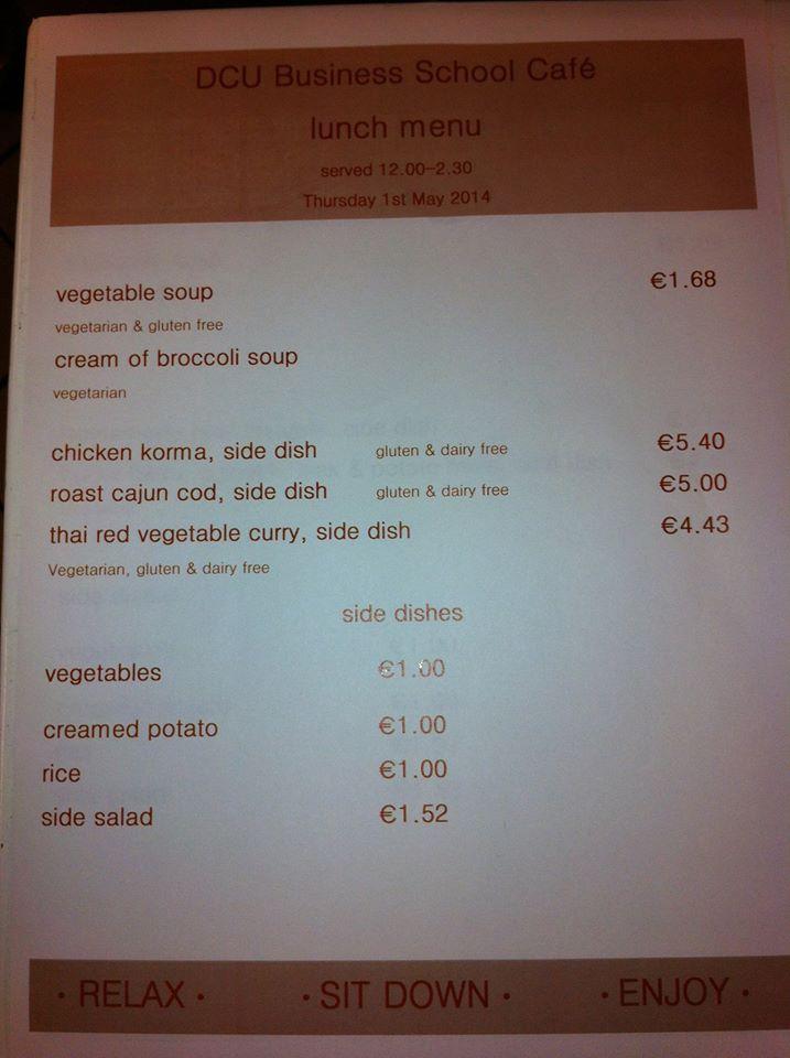Carta de DCU Business School Cafe, Dublin