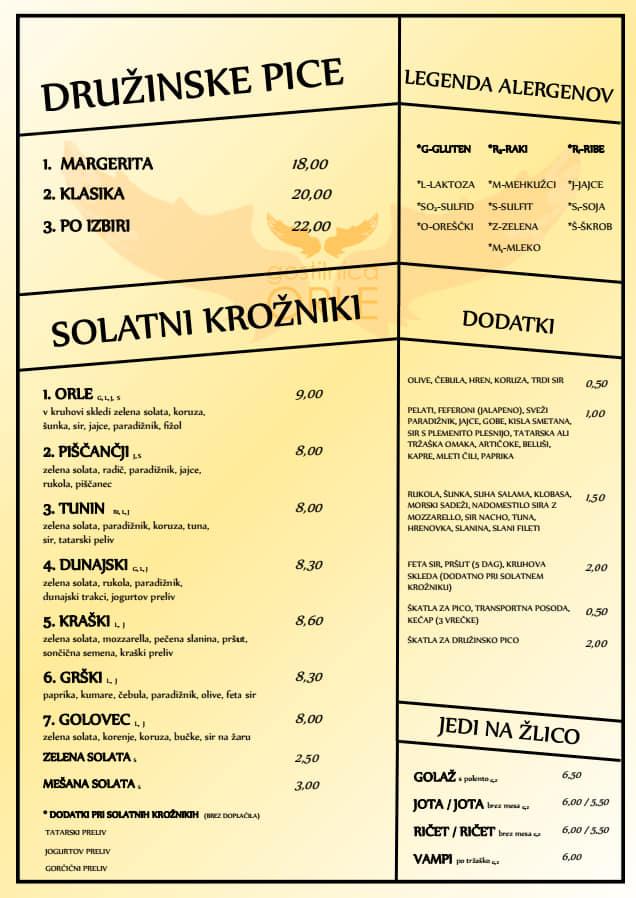 Menu at Gostilnica Orle restaurant, Škofljica