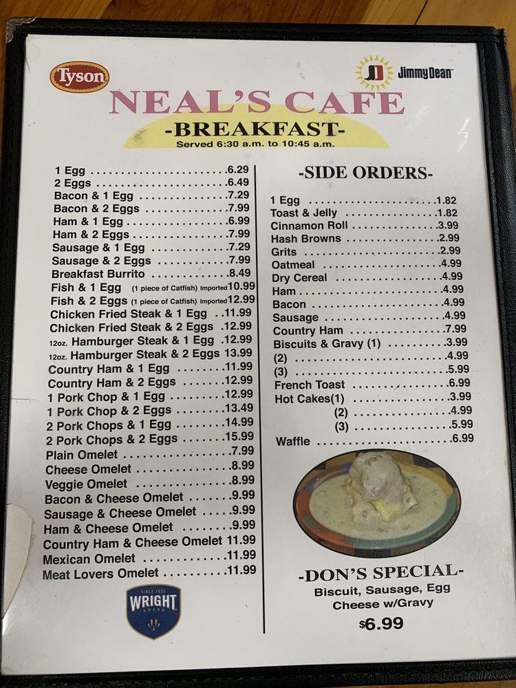 Menu at Neal's Cafe, Springdale