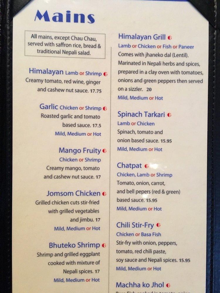 Menu at The Himalayan restaurant, Calgary
