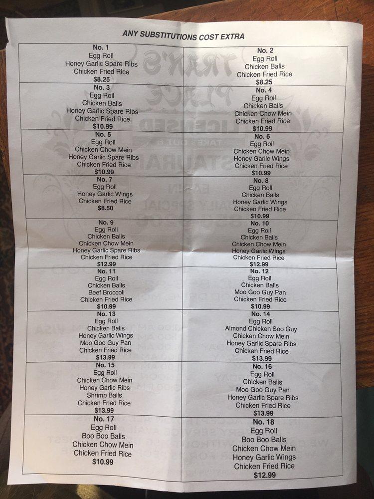 Menu at Tran's Place restaurant, Moncton